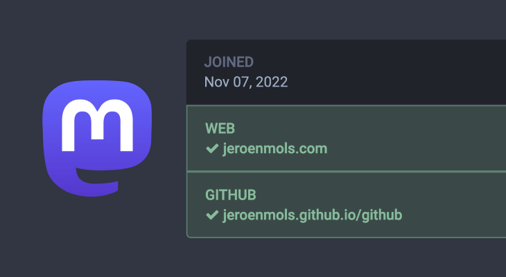 Verify Github profile link on Mastodon · Jeroen Mols Verify Github profile link on Mastodon · Jeroen Mols